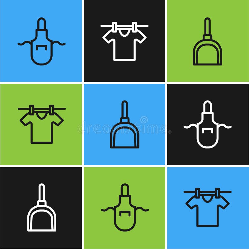 Set Line Kitchen Apron, Dustpan and Drying Clothes Icon. Vector Stock ...