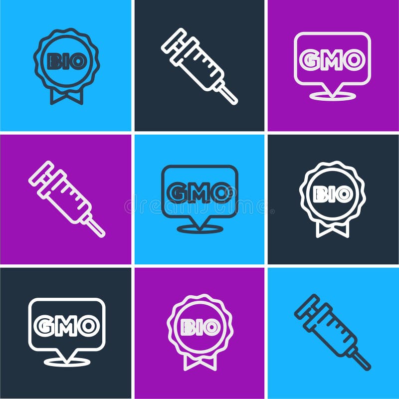 Set Line Label for Bio Healthy Food, GMO and Syringe Icon. Vector Stock ...