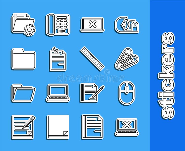 Set Line Laptop and Cross Mark on Screen, Computer Mouse, Paper Clip ...