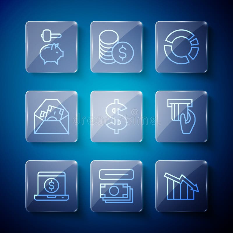 Set Line Laptop with Dollar, ATM and Money, Financial Growth Decrease, Pie Chart Infographic ...