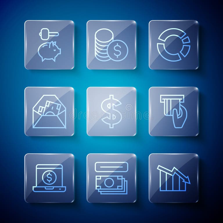 Set Line Laptop with Dollar, ATM and Money, Financial Growth Decrease, Pie Chart Infographic ...