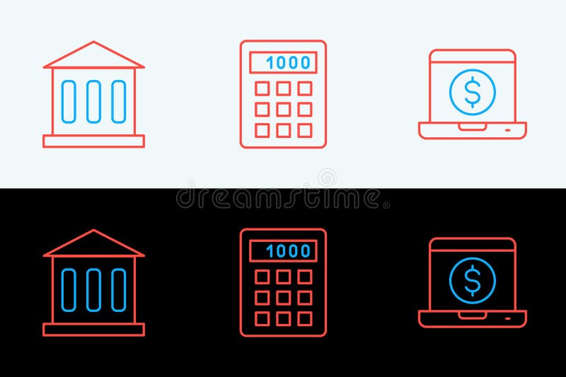 Set Line Laptop with Dollar, Bank Building and Calculator Icon. Vector ...