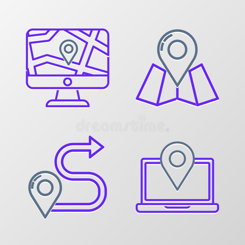 Set Line Laptop with Location Marker, Route, Folded Map and Medical ... Set Line Laptop with Location Marker, Route, Folded Map and Medical ...