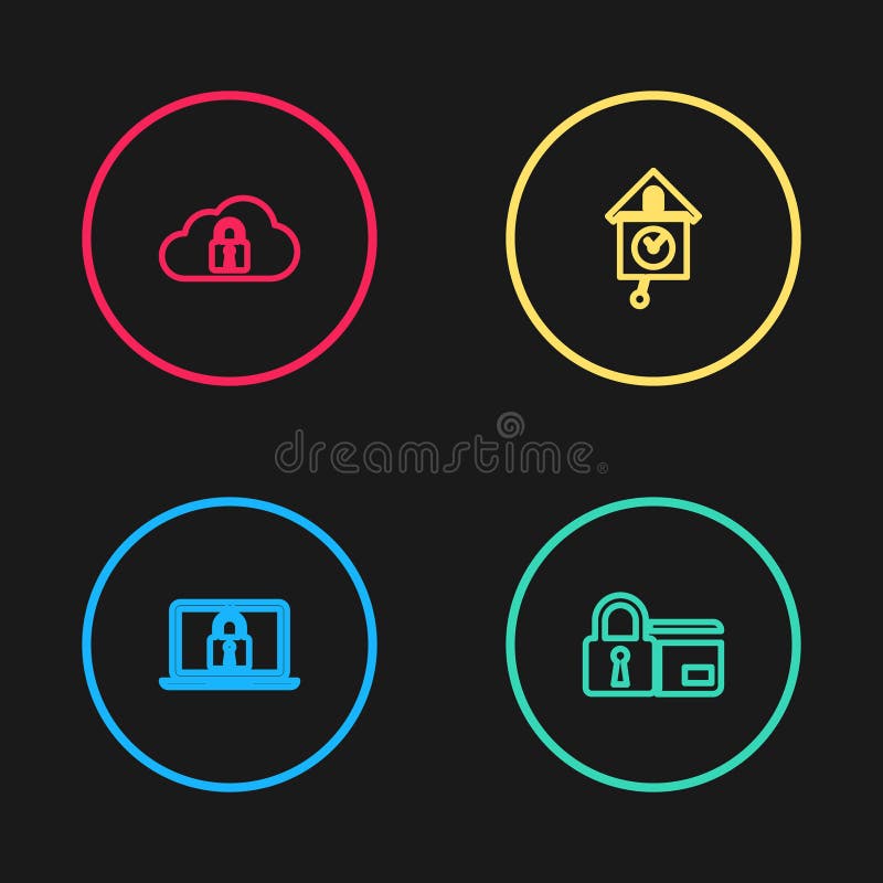 Set Line Laptop and Lock, Credit Card with, Retro Wall Watch and Cloud ... Set Line Laptop and Lock, Credit Card with, Retro Wall Watch and Cloud ...