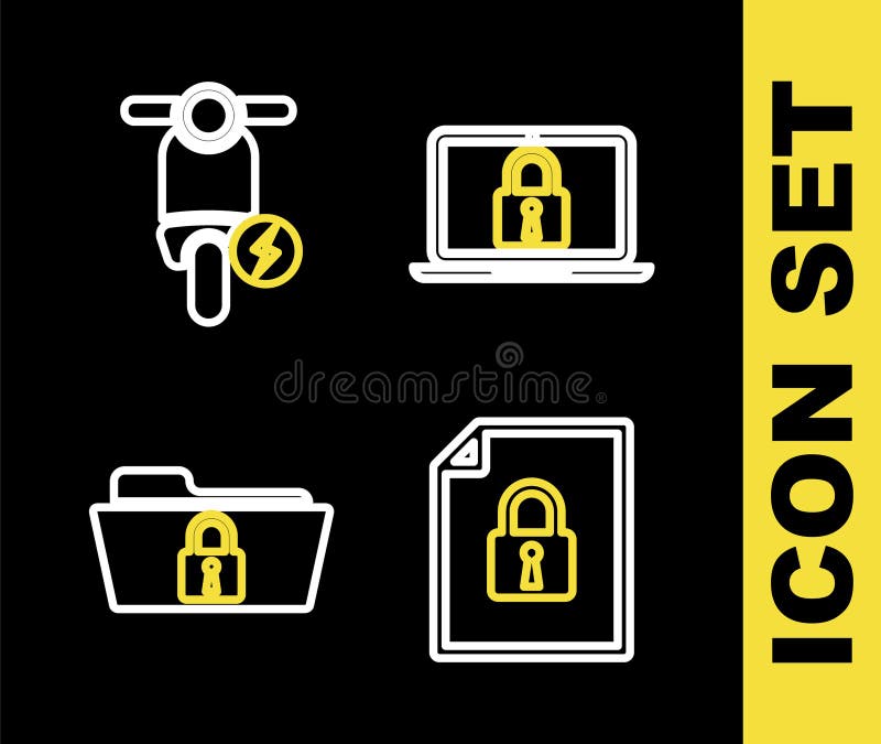 Set Line Laptop and Lock, Document, Folder and Electric Scooter Icon ...