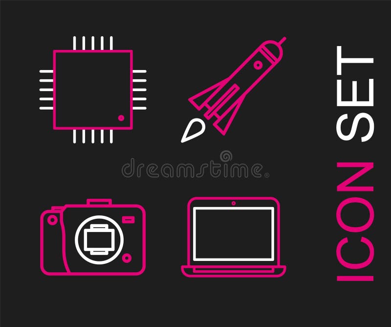 Set Line Laptop Mirrorless Camera Rocket Ship With Fire And Processor Microcircuits Cpu Icon