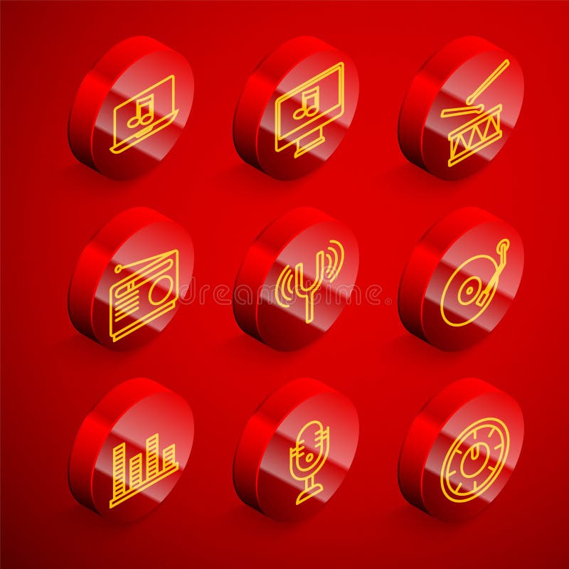 Set Line Laptop with Music, Computer Note, Drum Drum Sticks, Radio ...