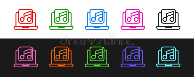 Set Line Laptop with Music Note Symbol on Screen Icon Isolated on Black ...