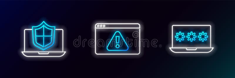 Set Line Laptop with Password, Protected Shield and Browser Exclamation Mark Icon. Glowing Neon ...