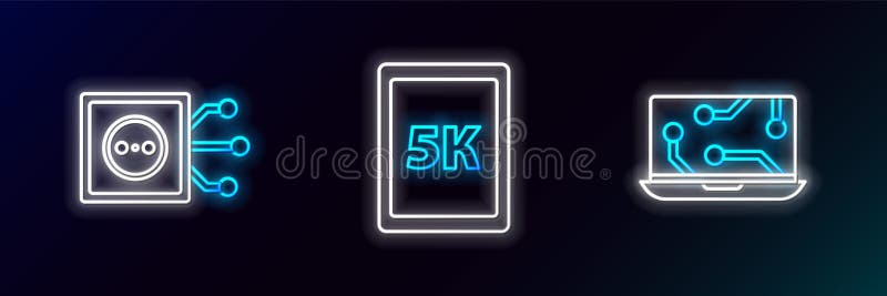 Set Line Laptop, Remote Control and Tablet with Text 5k Icon. Glowing ... Set Line Laptop, Remote Control and Tablet with Text 5k Icon. Glowing ...