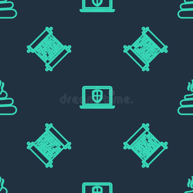 Set Line Laptop with Shield, Paper Scroll and Shit on Seamless Pattern ...