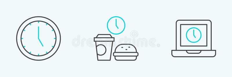 Set Line Laptop Time, Clock and Fast Food Icon. Vector Stock Vector ...