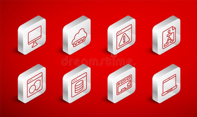 Set Line Laptop, Web Development, Browser with Exclamation Mark, Flowchart, Keyboard, Computer ...