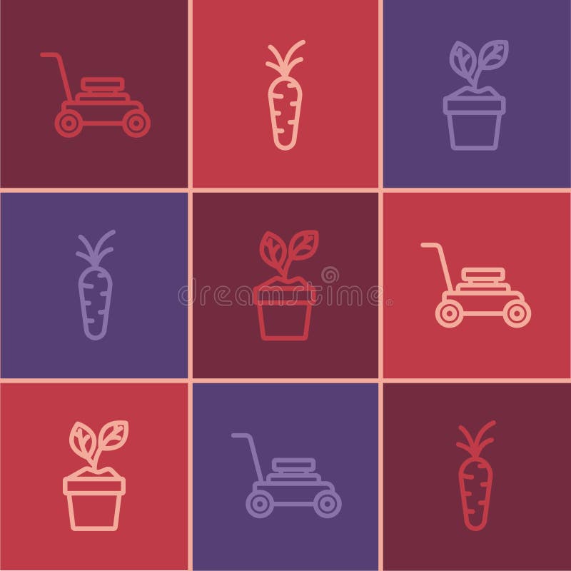Set Line Lawn Mower, Plant in Pot and Carrot Icon. Vector Stock ...