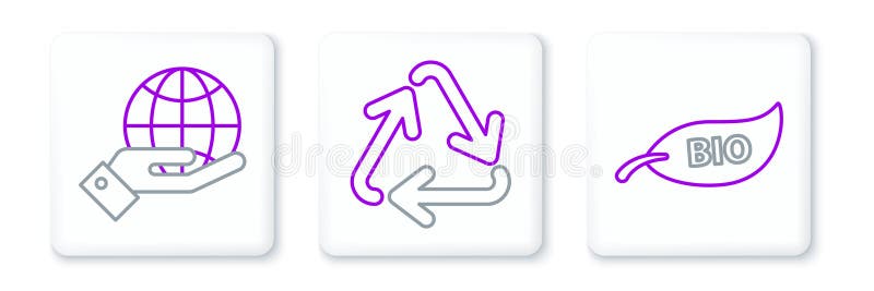 Set Line Leaf Bio Symbol, Human Hands Holding Earth Globe and Recycle ...