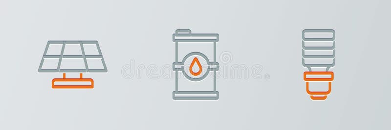 Set Line LED Light Bulb, Solar Energy Panel and Bio Fuel Barrel Icon ...