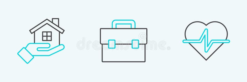 Set Line Life Insurance, House Hand and Briefcase Icon. Vector Stock ...