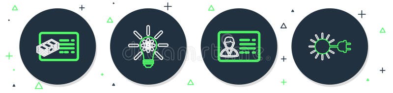 Set Line Light Bulb with Gear, Identification Badge, Financial Document ...