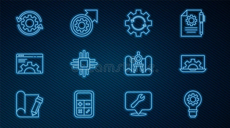 Set Line Light Bulb and Gear, Laptop, Gear Arrows As Workflow, Processor with Microcircuits CPU ...