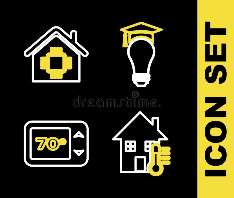 Set Line Light Bulb and Graduation Cap, House Temperature, Thermostat ...