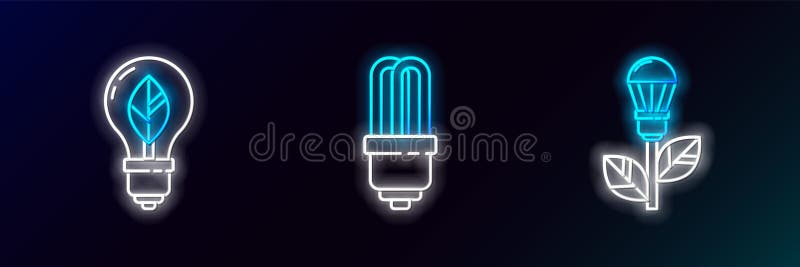 Set Line Light Bulb with Leaf, and LED Light Icon. Glowing Neon. Vector ...
