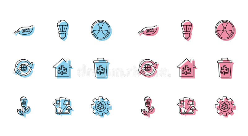 Set Line Light Bulb with Leaf, Recharging, Leaf Eco Symbol, Recycle and ... Set Line Light Bulb with Leaf, Recharging, Leaf Eco Symbol, Recycle and ...