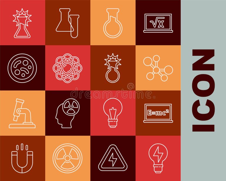 Set Line Light Bulb with Lightning, Equation Solution, Molecule, Test ...