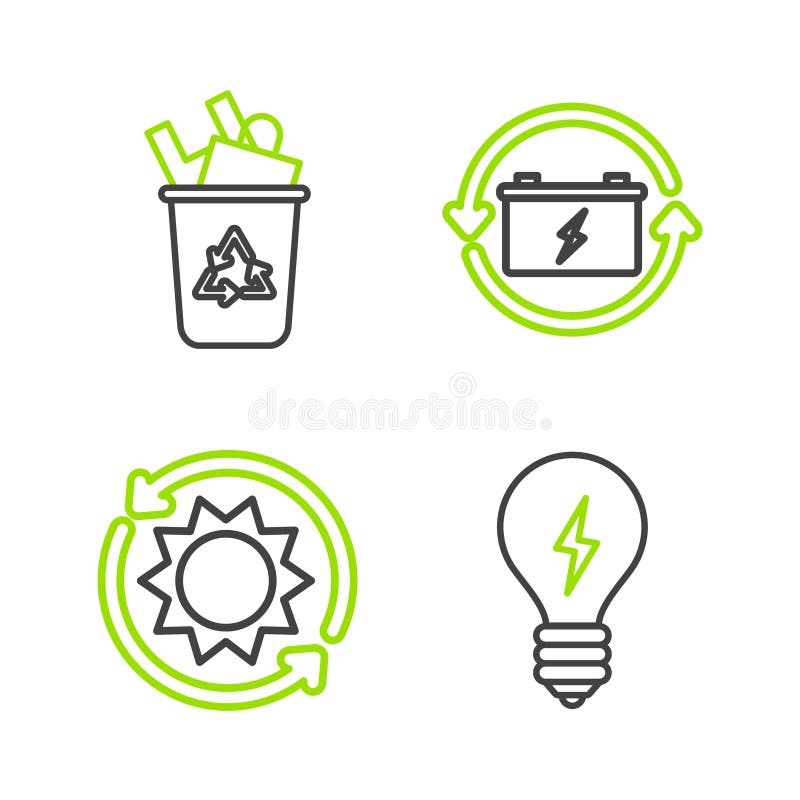 Set Line Light Bulb with Lightning Symbol, Solar Energy Panel, Battery ...