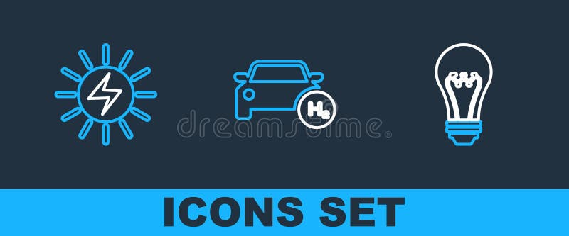 Set Line Light Bulb, Solar Energy Panel and Hydrogen Car Icon. Vector ...