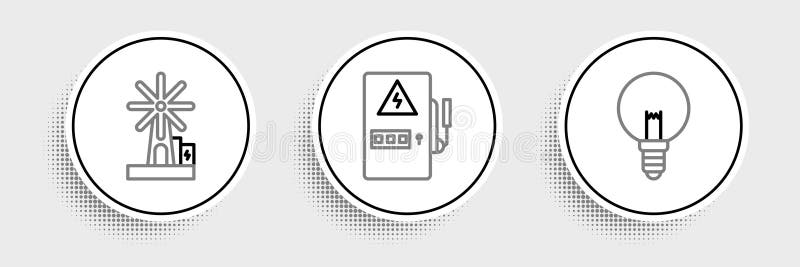 Set Line Light Bulb, Wind Turbine and Electrical Panel Icon. Vector ...