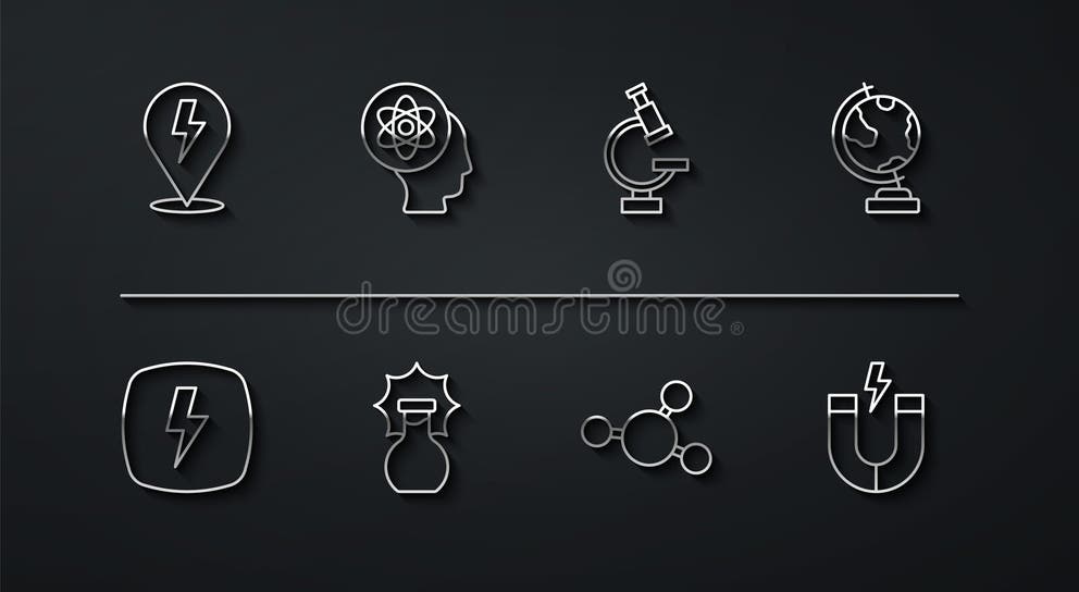 Set Line Lightning Bolt, Earth Globe, Molecule, Explosion the Flask ...