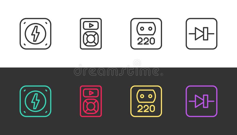 Set Line Lightning Bolt, Music Player, Electrical Outlet and Diode ...