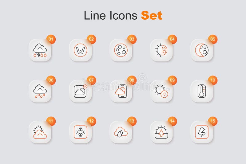Set Line Lightning Bolt, Sunrise, Cloud with Rain, Snowflake, and Cloud ...