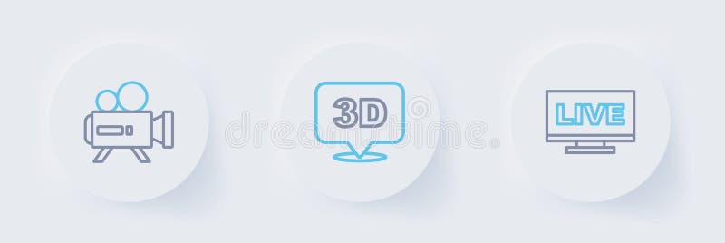Set Line Live Stream, 3D Word and Retro Cinema Camera Icon. Vector ...
