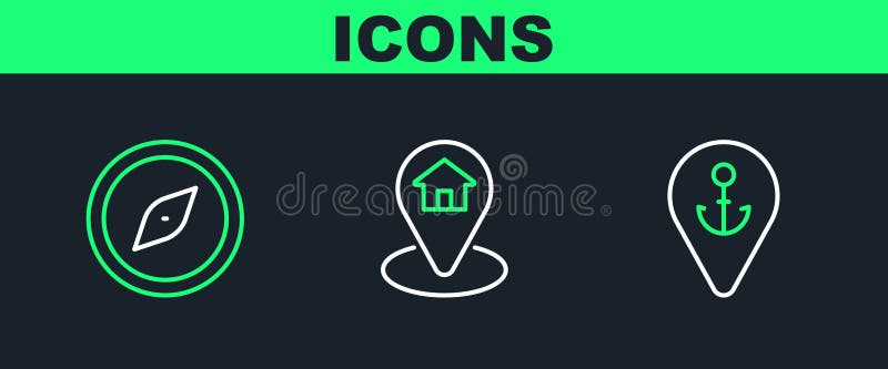 Set Line Location with Anchor, Compass and House Icon. Vector Stock ...