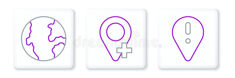 Set Line Location with Exclamation Mark, Earth Globe and Icon. Vector ...
