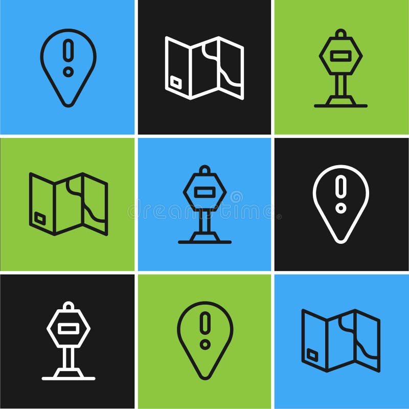 Set Line Location with Exclamation Mark, Stop Sign and Folded Map Icon ...