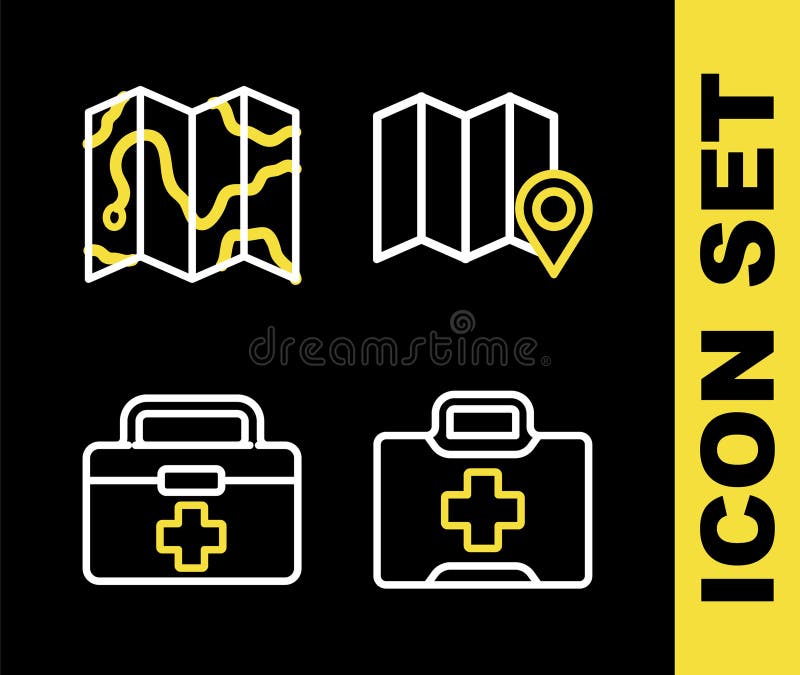 Set Line Location of the Forest on Map, First Aid Kit, and Icon. Vector ...