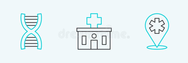 Set Line Location Hospital, DNA Symbol and Hospital Building Icon ...
