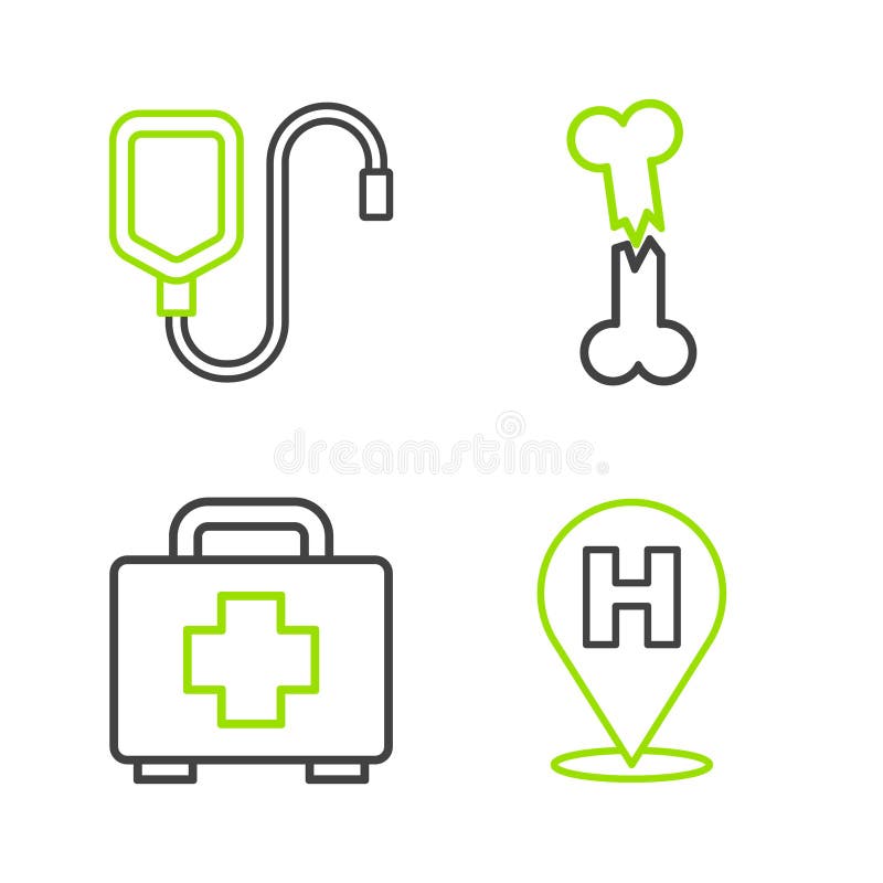 Set Line Location Hospital, First Aid Kit, Human Broken Bone and IV Bag ...