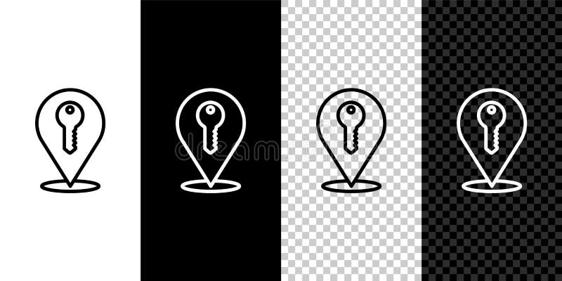Set Line Location Key Icon Isolated on Black and White Background. the ...