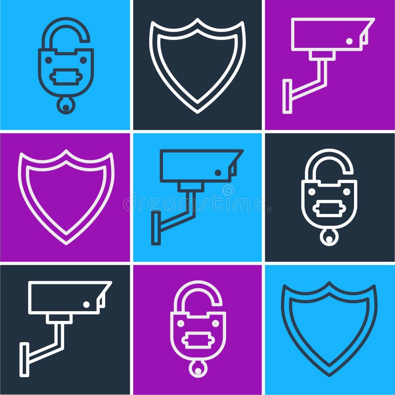 Set Line Lock and Key, Security Camera and Shield Icon. Vector Stock ...