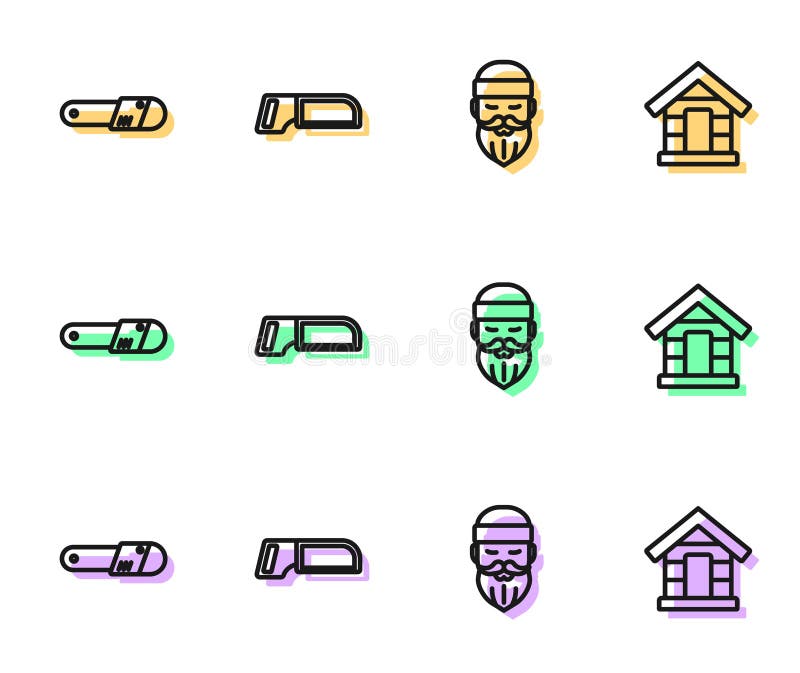 Set Line Lumberjack, Chainsaw, Hacksaw and Dog House Icon. Vector Stock ...