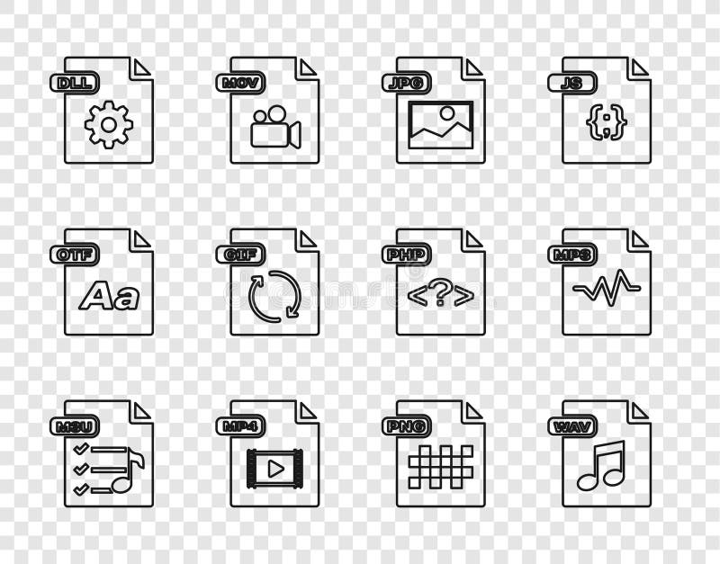 Set Line M3u File Document Wav Jpg Mp4 Dll Gif Png Y Mp3 Icono. Vector ... Set Line M3u File Document Wav Jpg Mp4 Dll Gif Png Y Mp3 Icono. Vector ...