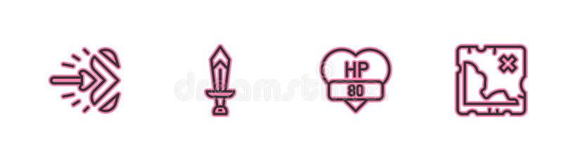 Set Line Magic Arrow, Video Game Bar, Sword for and Pirate Treasure Map ...