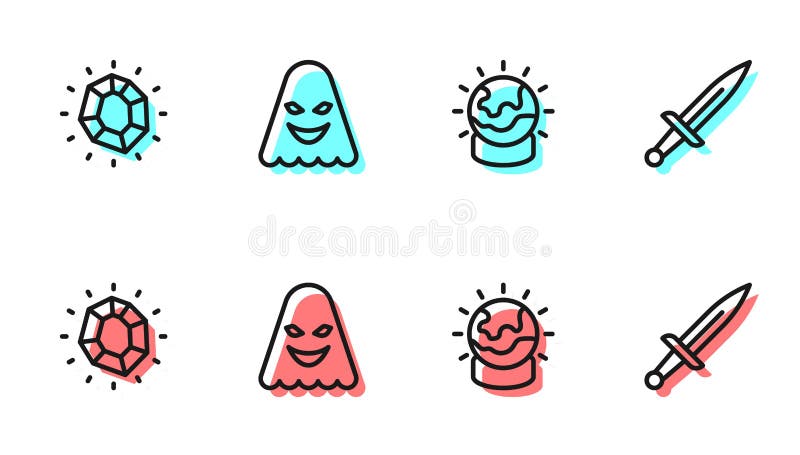 Set Line Magic Ball, Stone, Ghost and Dagger Icon. Vector Stock Vector ...