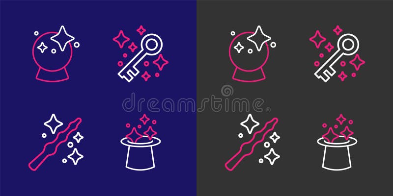Set Line Magic Hat, Wand, Old Magic Key and Ball Icon. Vector Stock ...