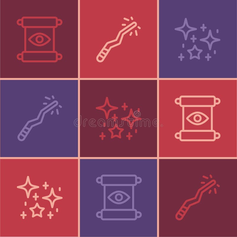 Set Line Magic Scroll, Magical Glitter Particles and Wand Icon. Vector ...