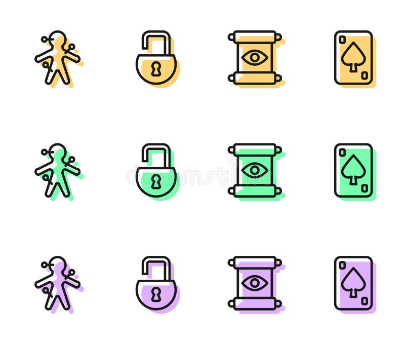 Set Line Magic Scroll, Voodoo Doll, Open Padlock and Playing Cards Icon ...