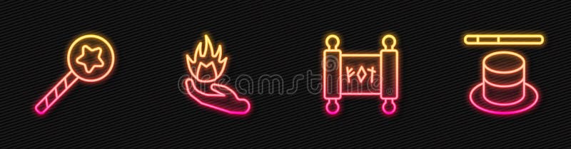 Set Line Magic Scroll, Wand, Hand Holding Fire and Hat. Glowing Neon ...